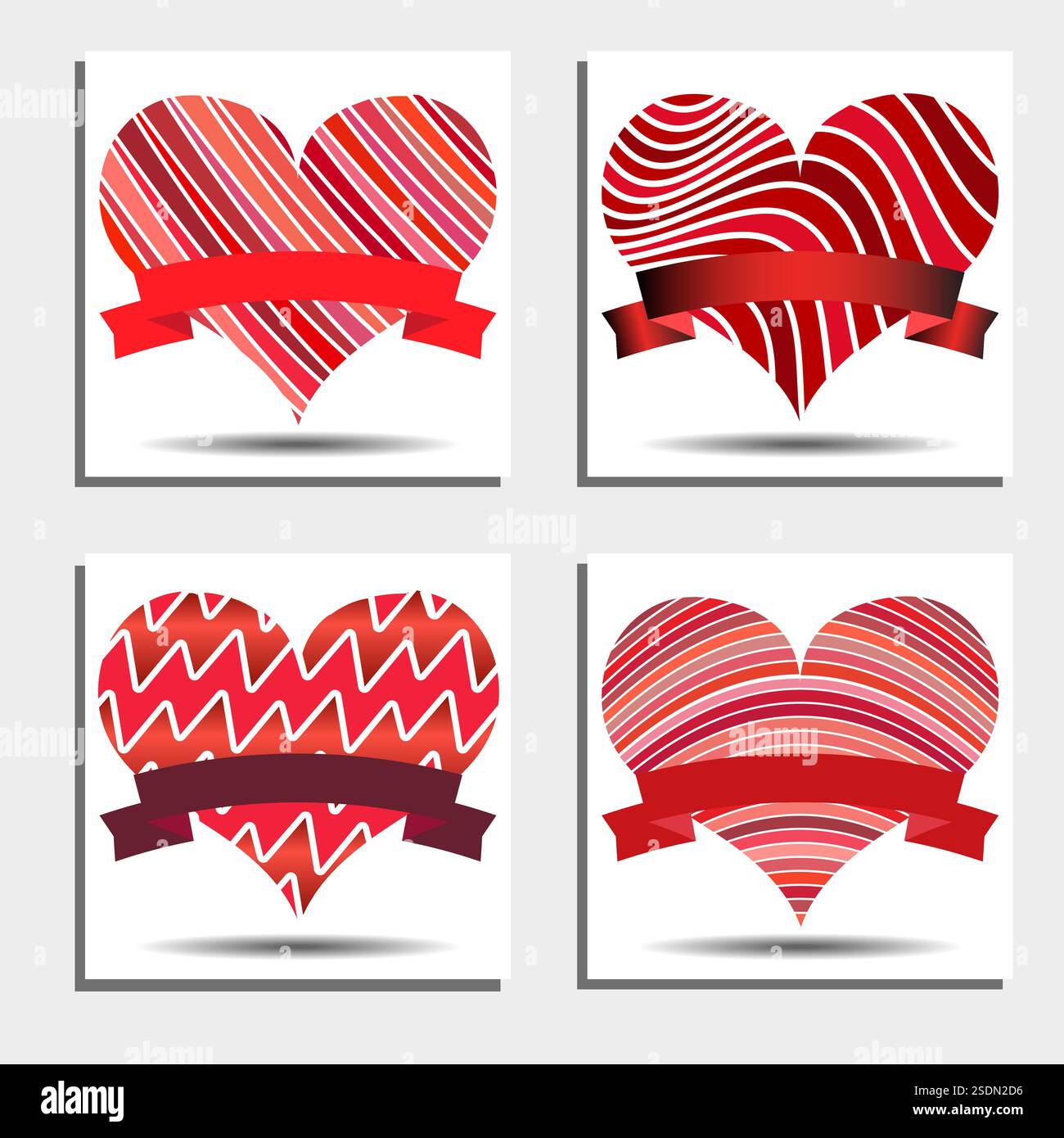 Set of red hearts with ribbons and shadows on a white background ...