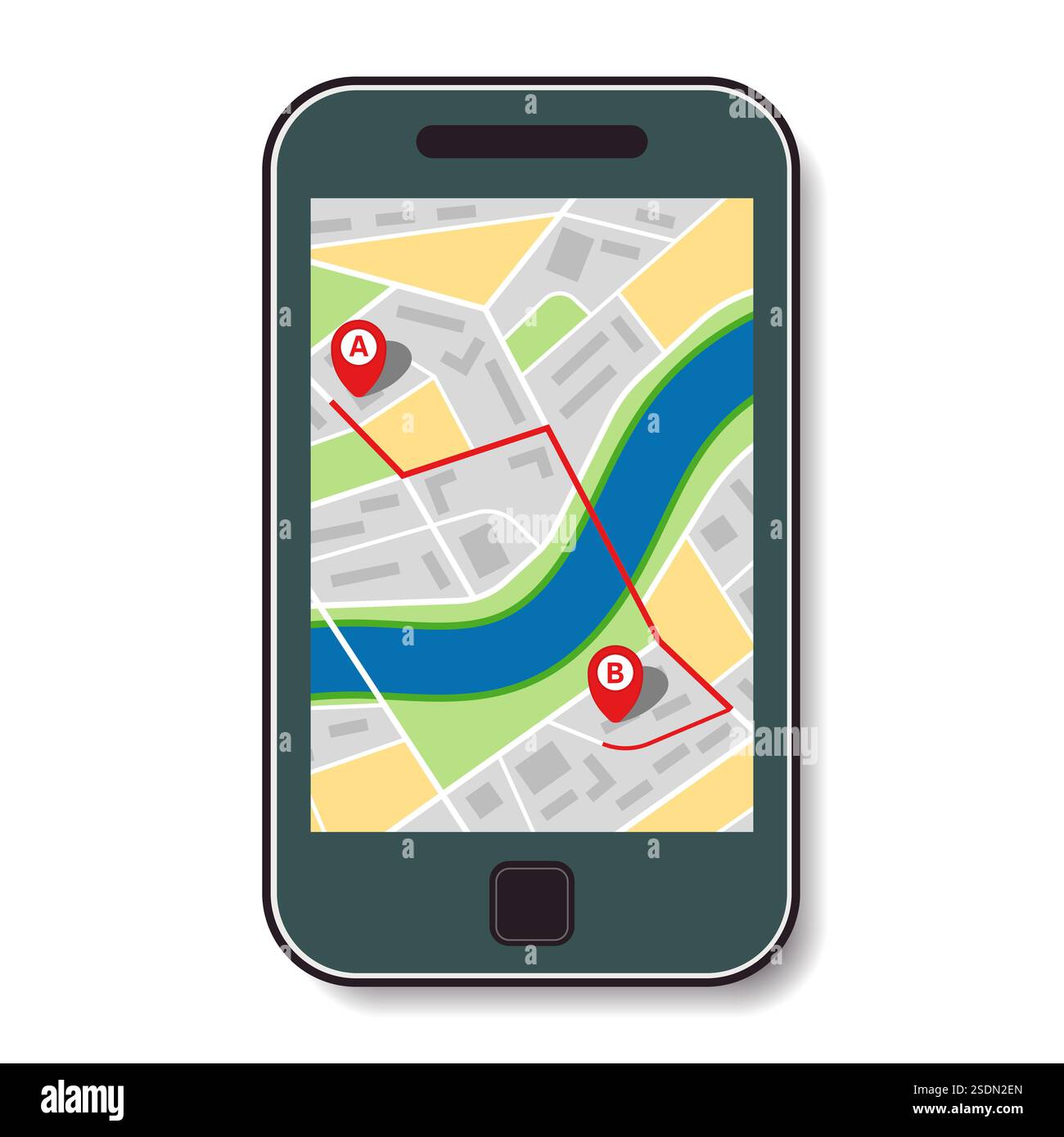 Mobile phone with a map of the city and the route from point A to point ...