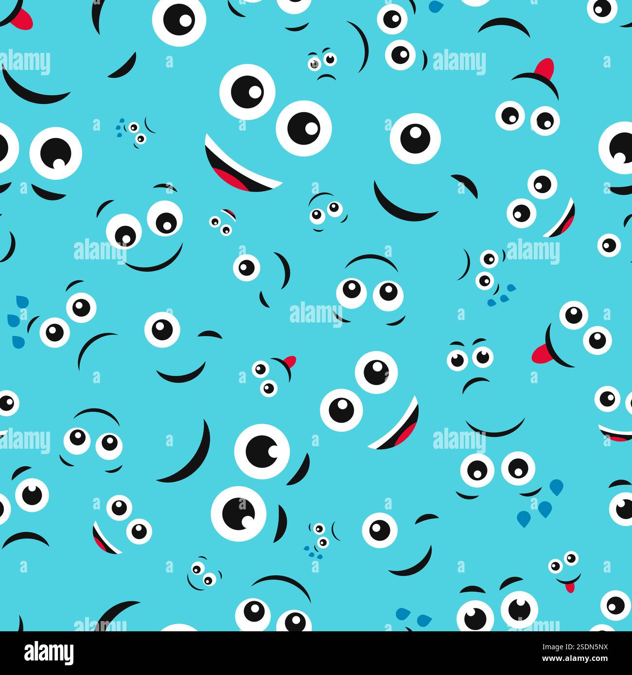 Cartoon faces with emotions. Seamless pattern with different emoticons on blue background ...