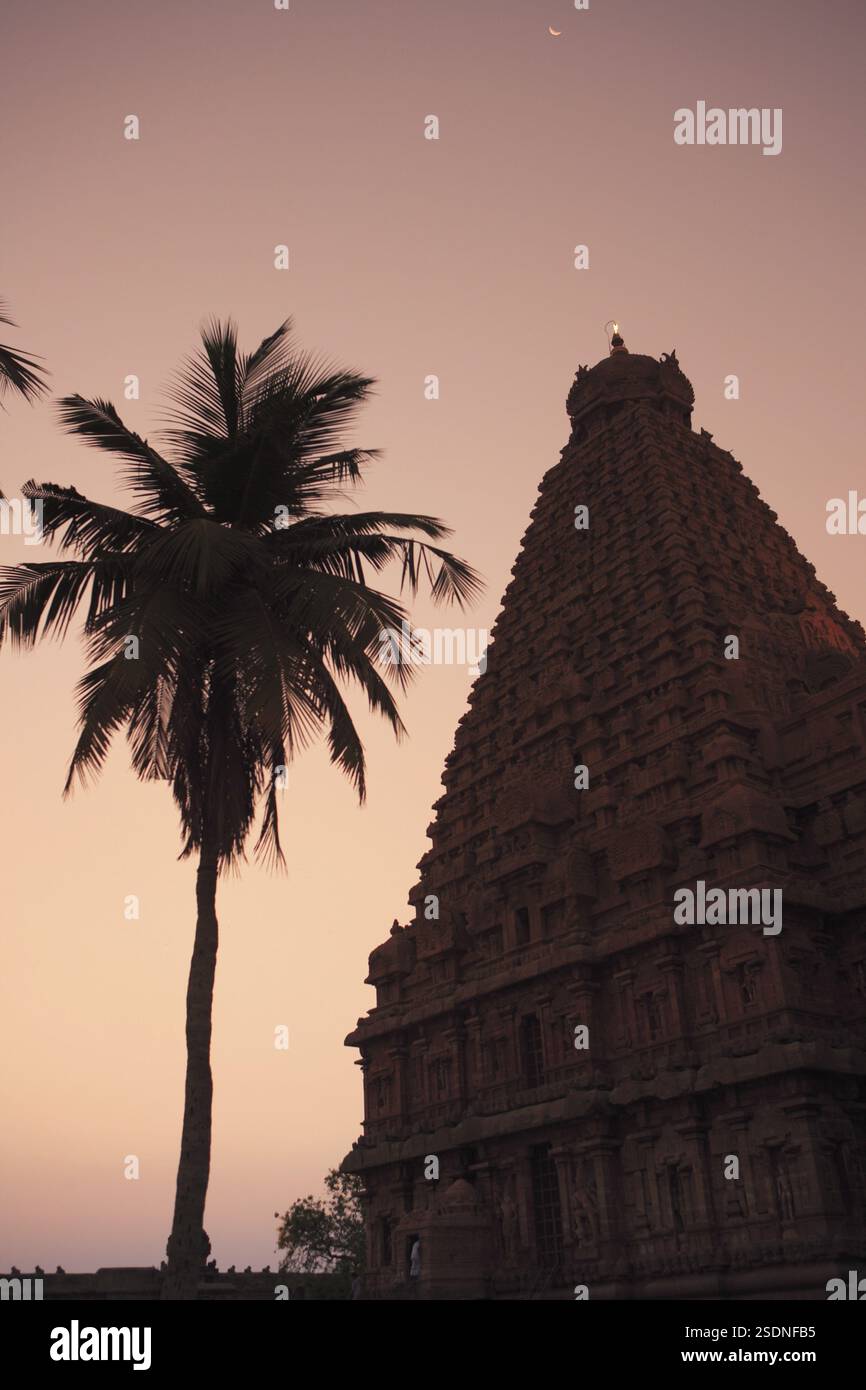 Sunset at Brihadeshwara temple called Big Temple located head of Kaveri ...