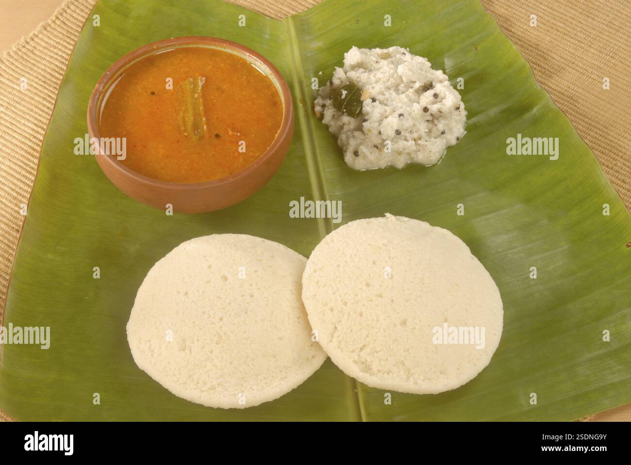 Vegetarian, Indian food two Idlis with coconut chutney sambar on banana ...