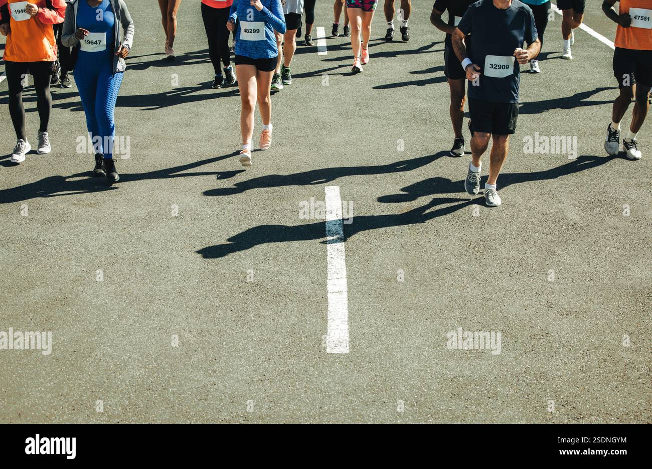 Active runners competing in a road race on a sunlit asphalt street. The ...