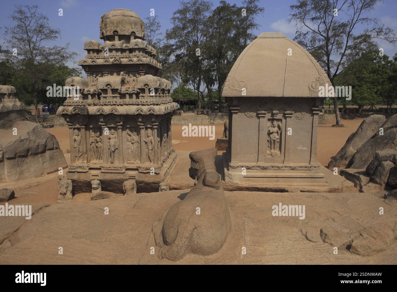 Pancha Rathas in foreground Nandi statue Draupadi Ratha on left Arjuna ...