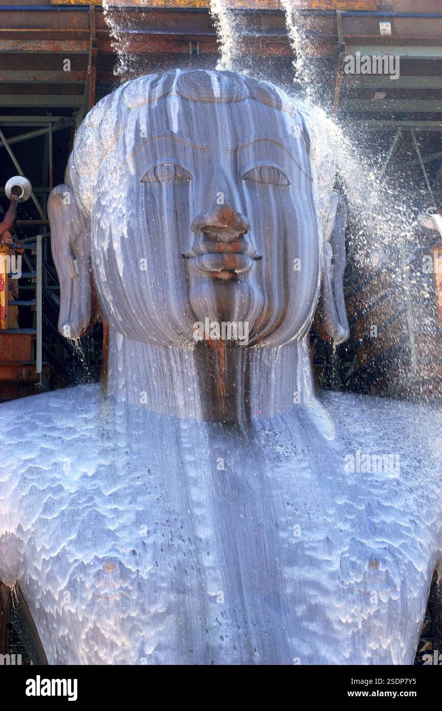 Milk pouring on face of 57 feet high statue of lord Bahubali known as ...