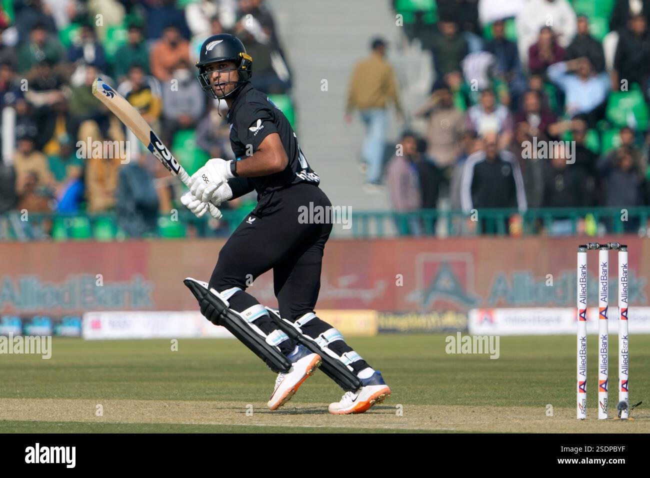 New Zealand's Rachin Ravindra bats during the tri-series ODI cricket ...
