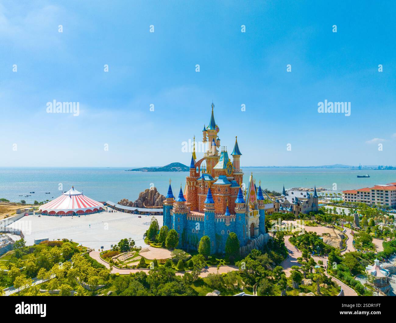 Aerial View of a Fantasy Castle in a Coastal Theme Park Stock Photo - Alamy