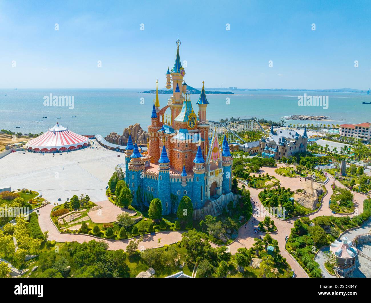 Aerial View of a Fantasy Castle in a Coastal Theme Park Stock Photo - Alamy