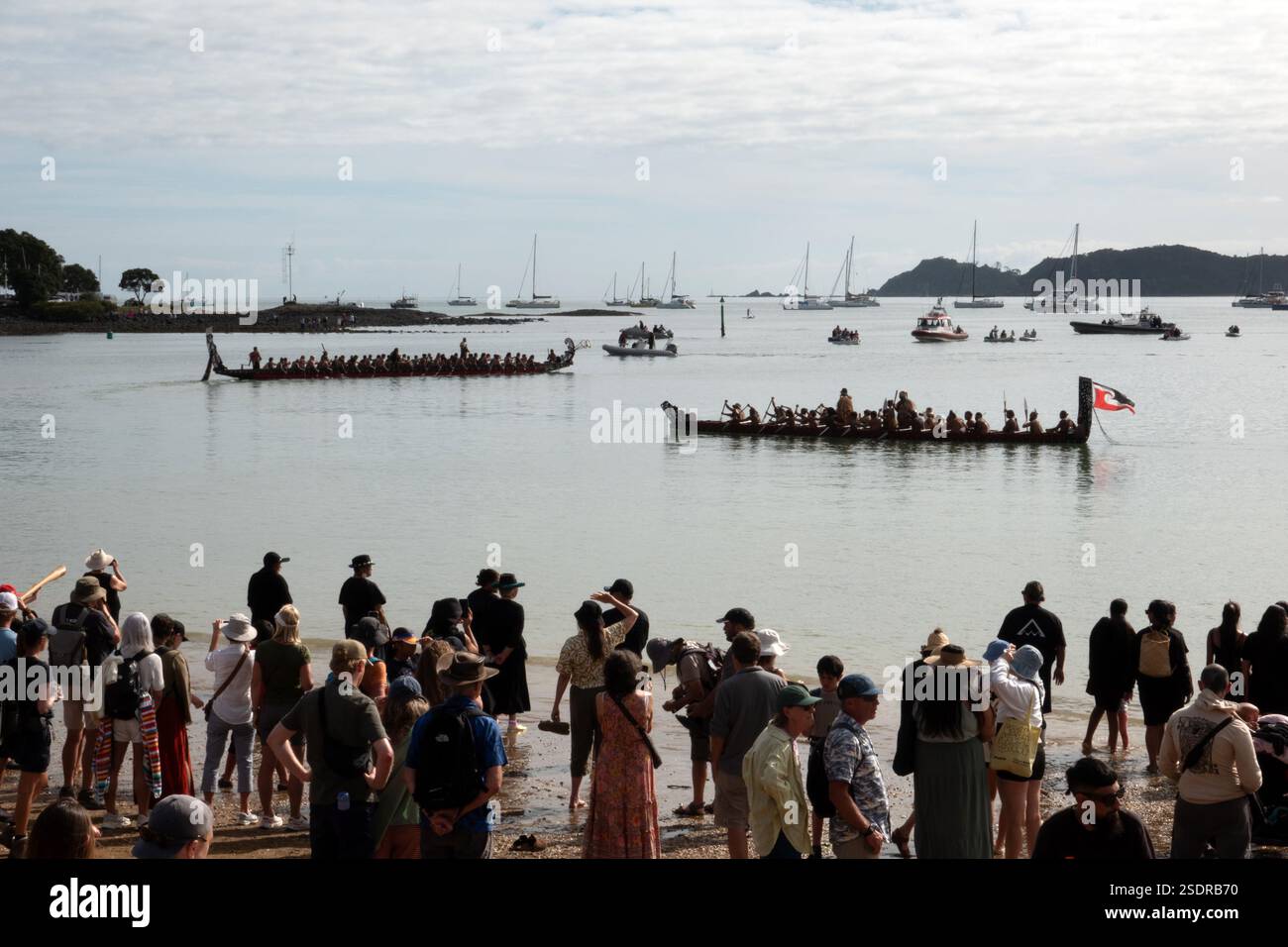 Waka Taua (war canoes) pass spectators on the beach, during Waitangi ...