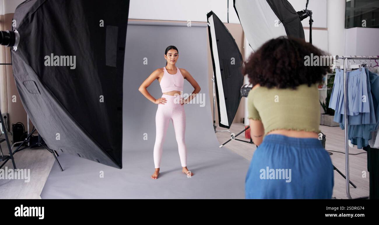 Photography, fashion and model with women in studio for branding ...