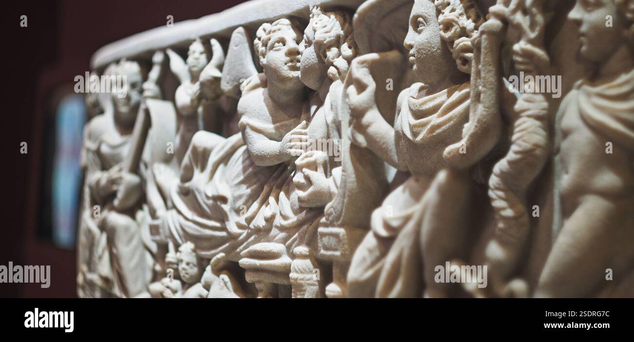 Close-up view on Ancient Marble Childs Sarcophagus. Roman Sarcophagus ...