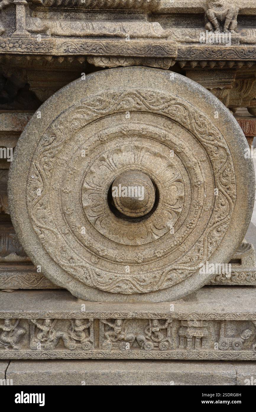 Stone chariot or ratha, left side rear wheel, Vitthal temple, Hampi ...