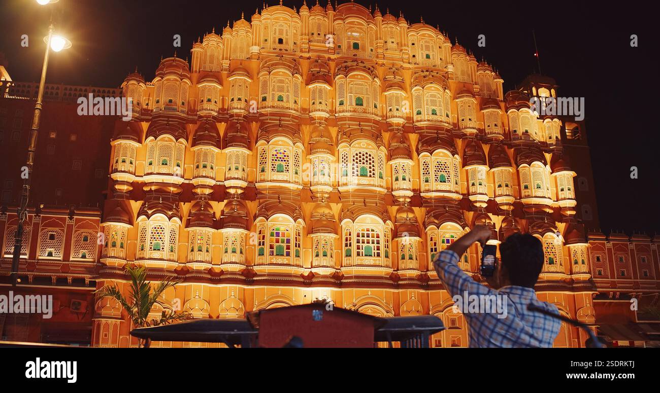 Jaipur, Rajasthan, India. Hawa Mahal Palace In Night Illuminations ...