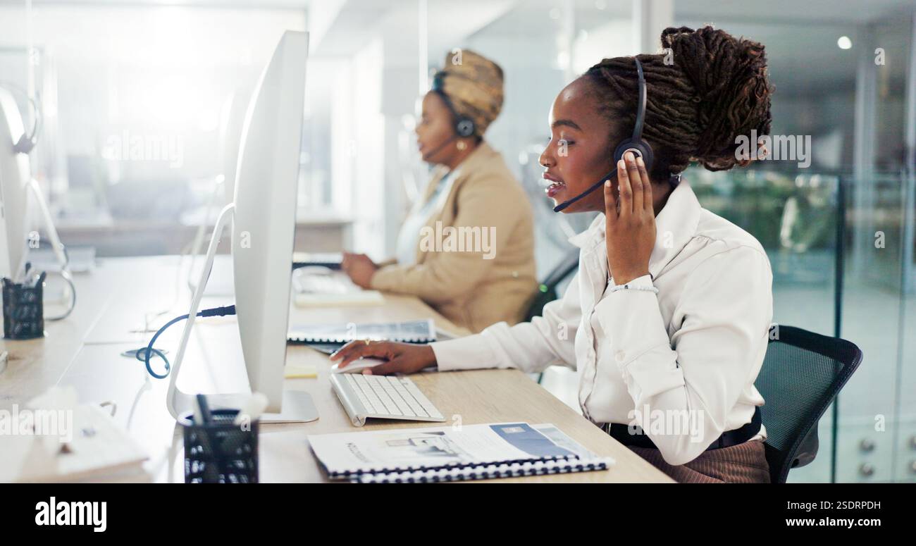 Black woman, talk and computer with headset at call centre of customer ...