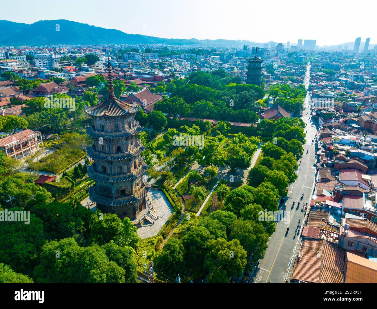 Aerial photography of the two ancient stone pagodas of Kaiyuan Temple in Quanzhou, Fujian Stock ...