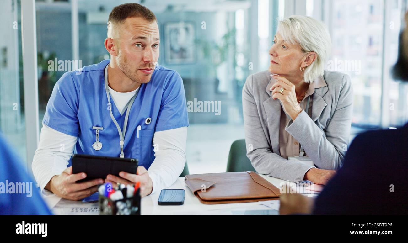 Healthcare, medical team and discussion in hospital with tablet ...