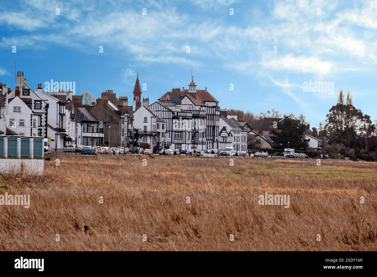 The Wirral village of Parkgate seen from across the salt marshes of the ...