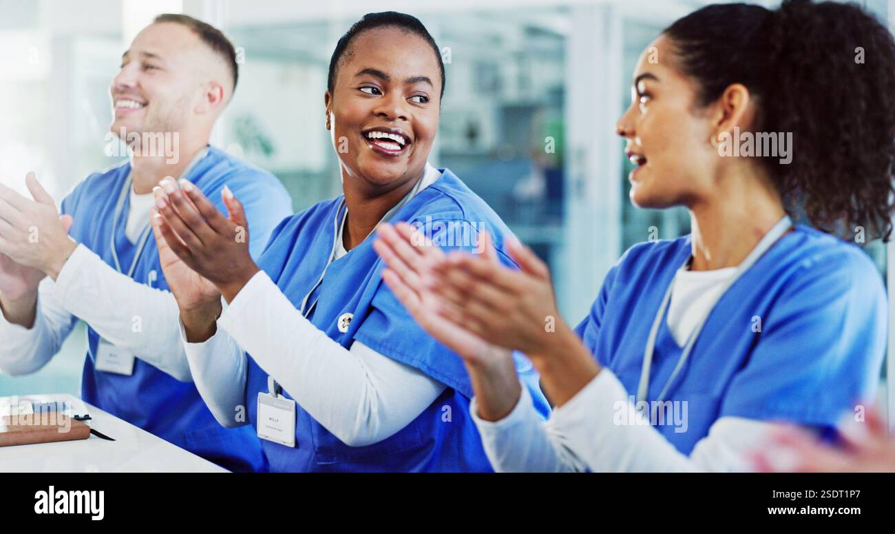 Applause, nurses and people in meeting with support, success and ...
