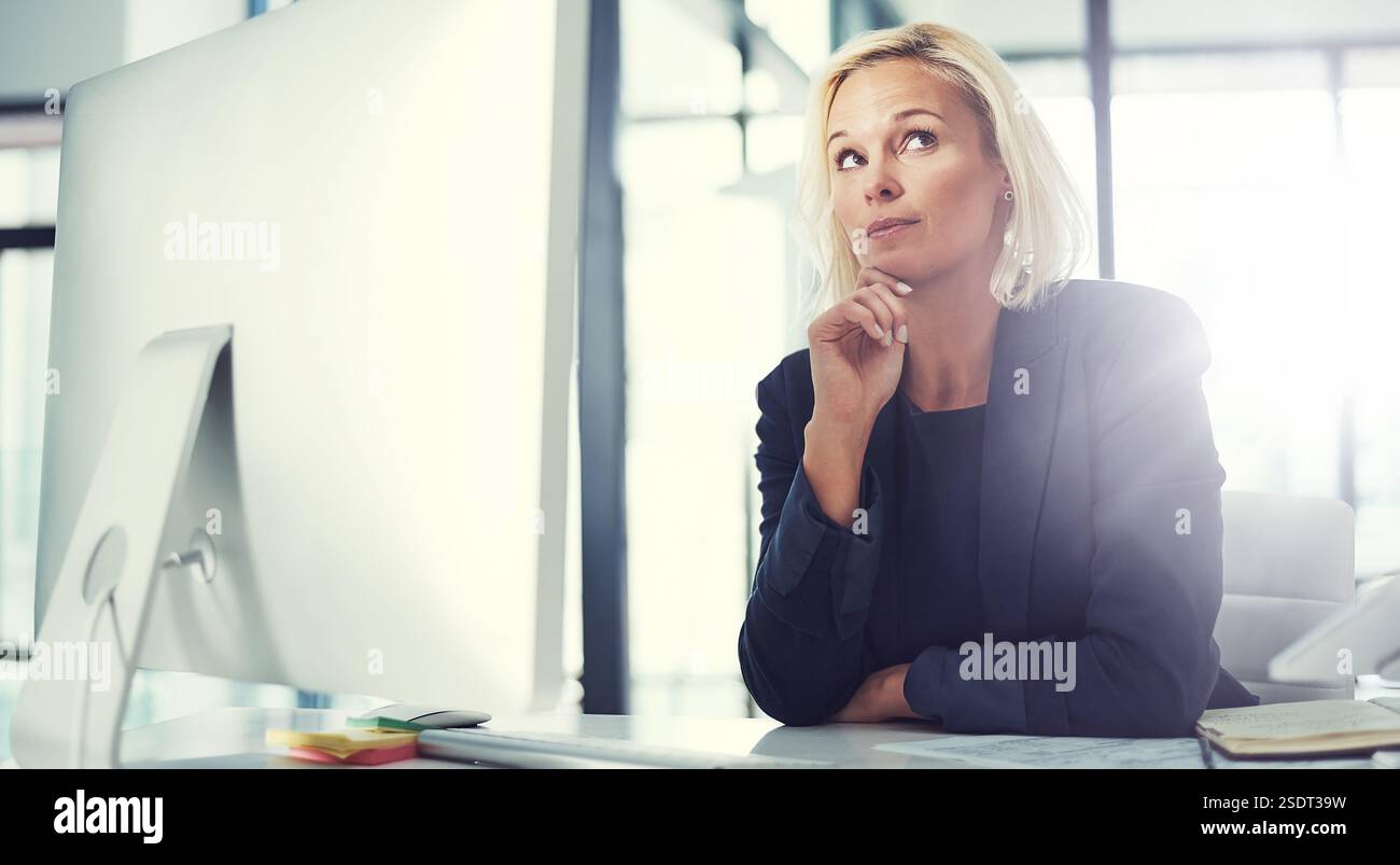 Idea, thinking and computer with business woman in office for vision ...