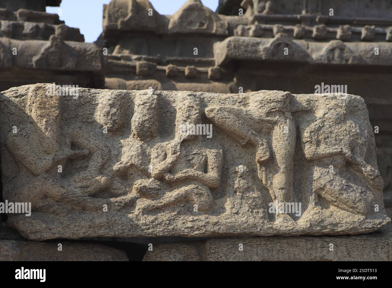 Carved stone panel at Shore temple dedicated to gods Vishnu and Shiva ...