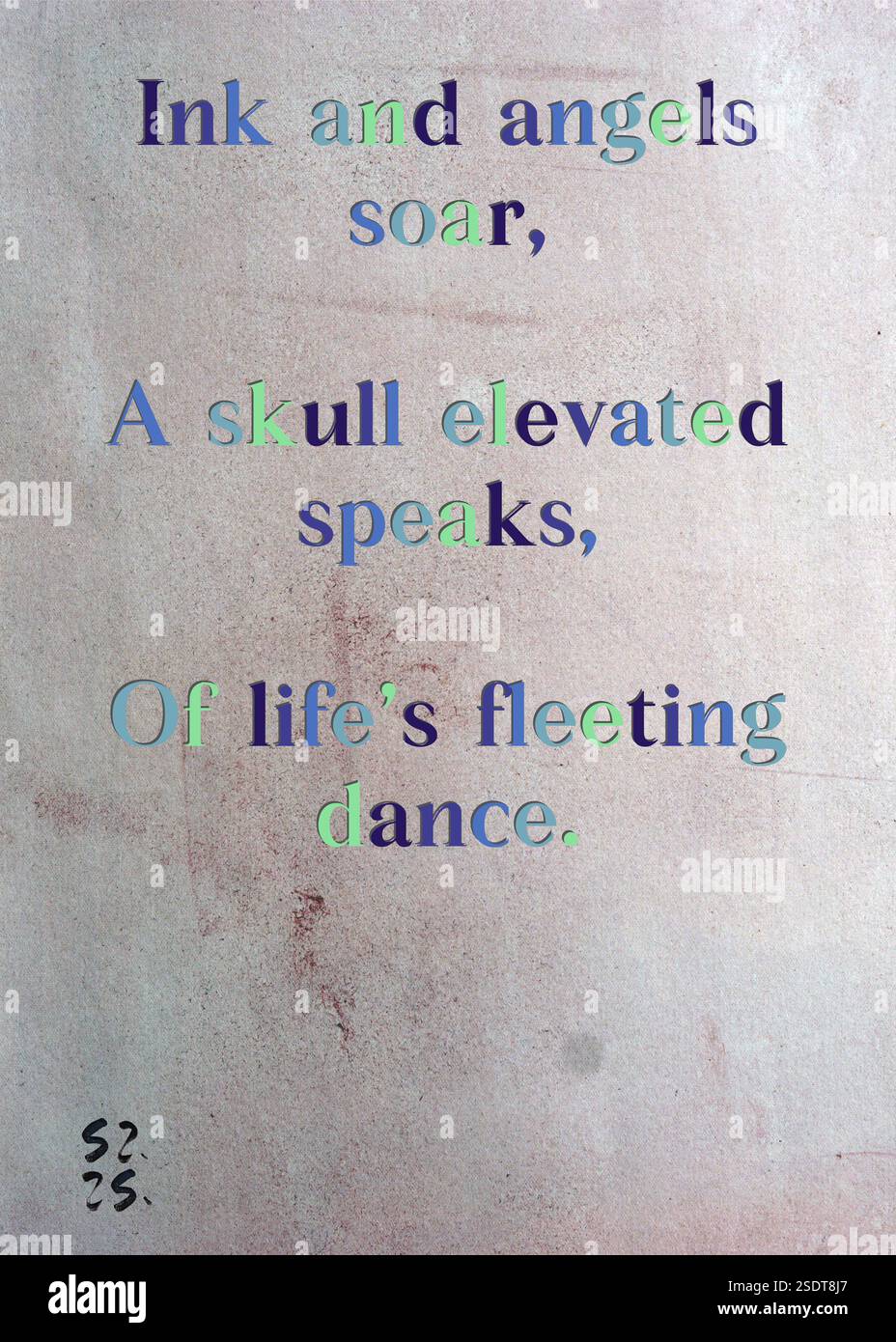 Ink and angels soar, A skull elevated speaks, Of life's fleeting dance ...
