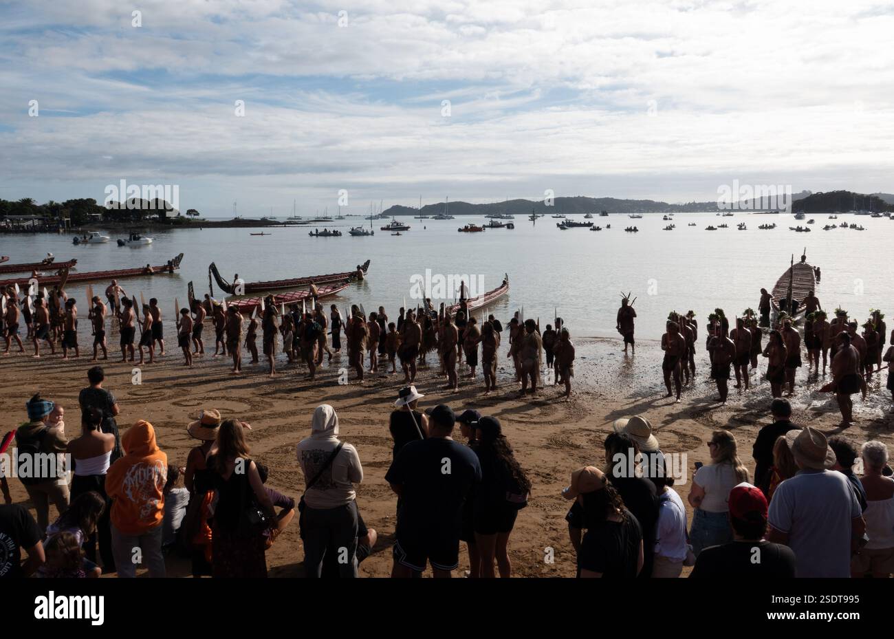 Traditional Maori waka canoes and people performing haka on beach ...