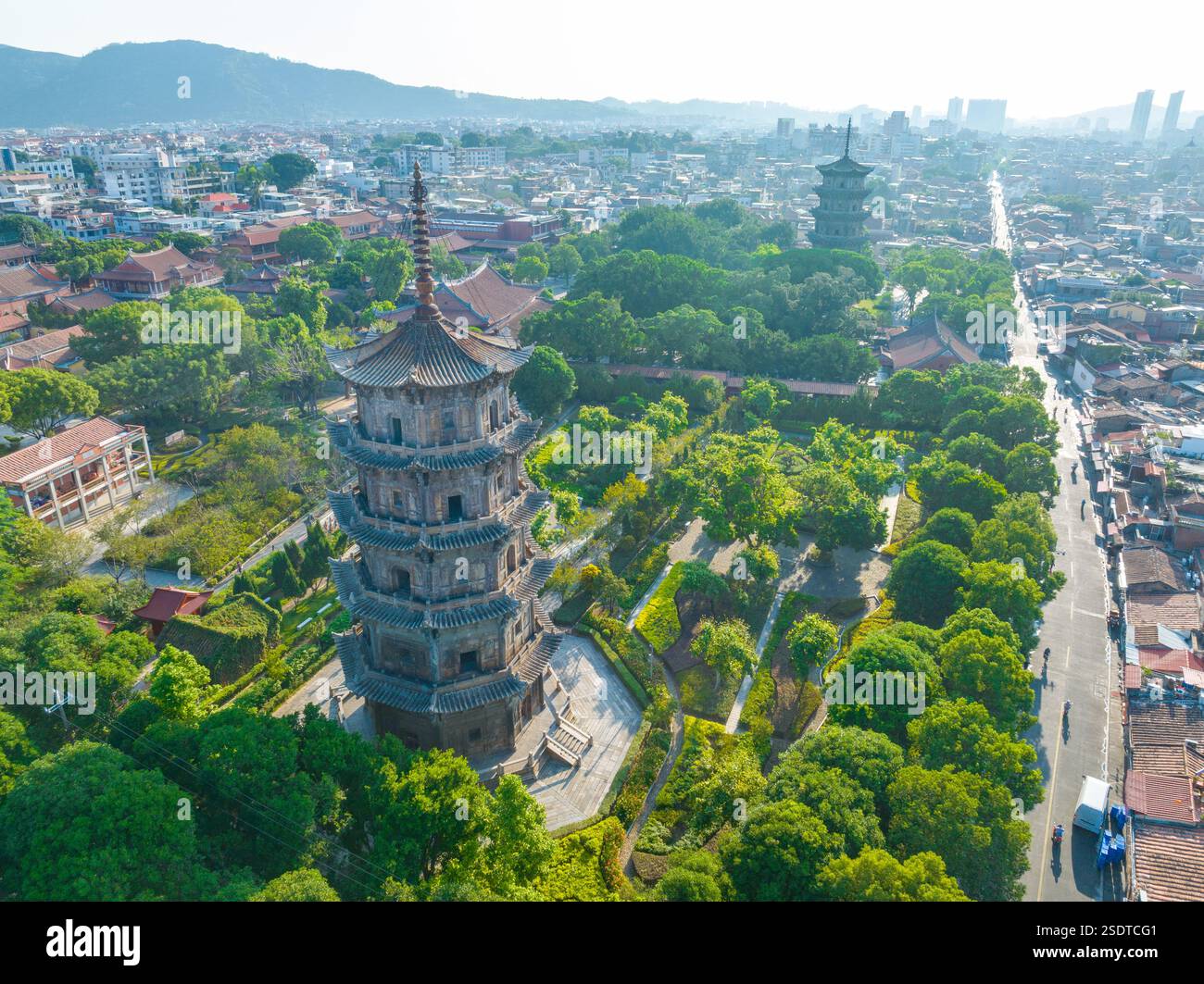 Aerial photography of the two ancient stone pagodas of Kaiyuan Temple ...