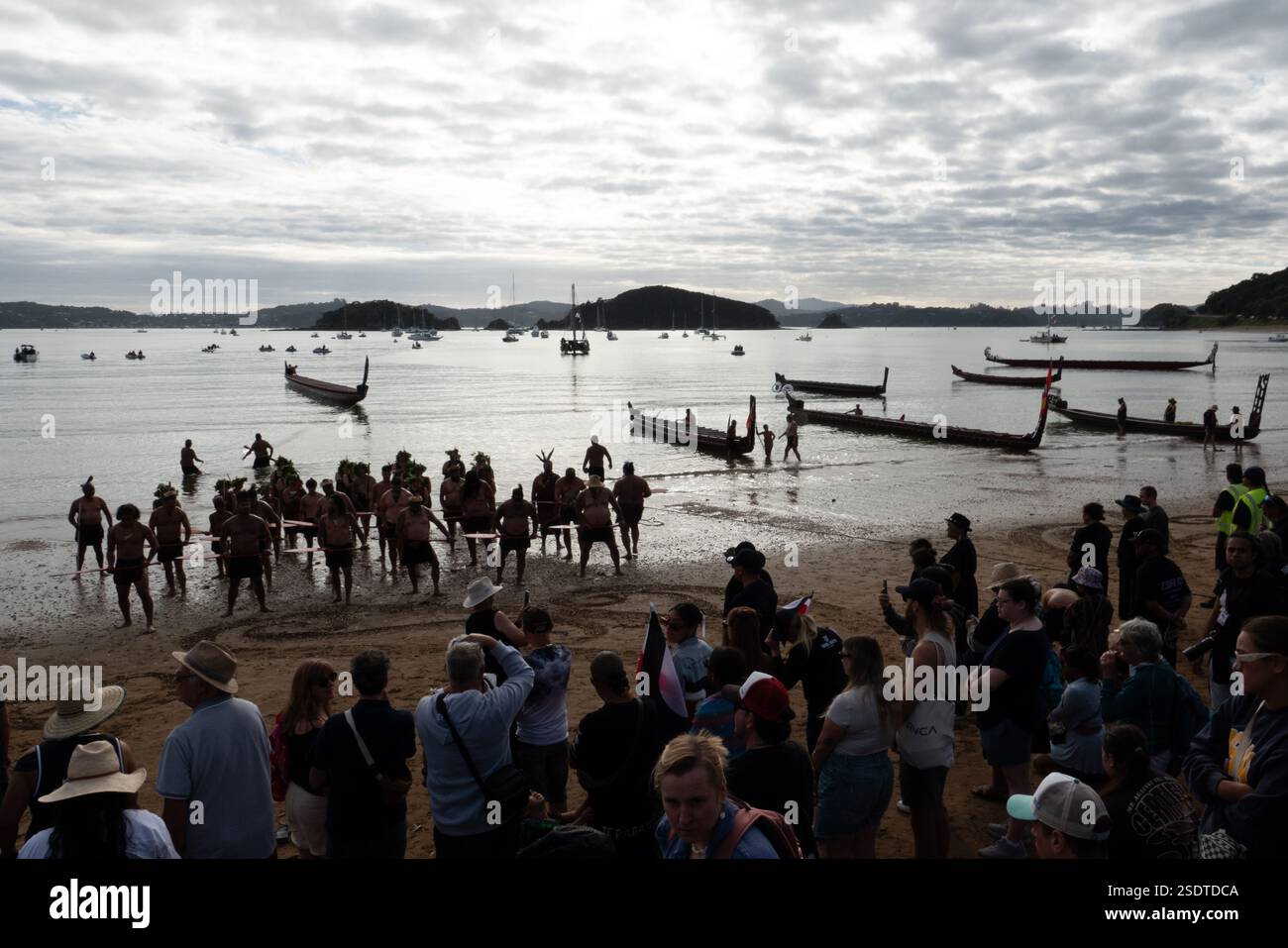 Traditional Maori waka canoes and people performing haka on beach ...