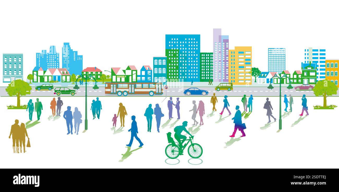 City overview with traffic and houses with People, illustration Stock ...