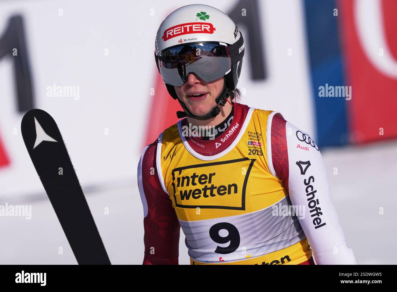 Austria's Mirjam Puchner celebrates at the finish area of a women's ...