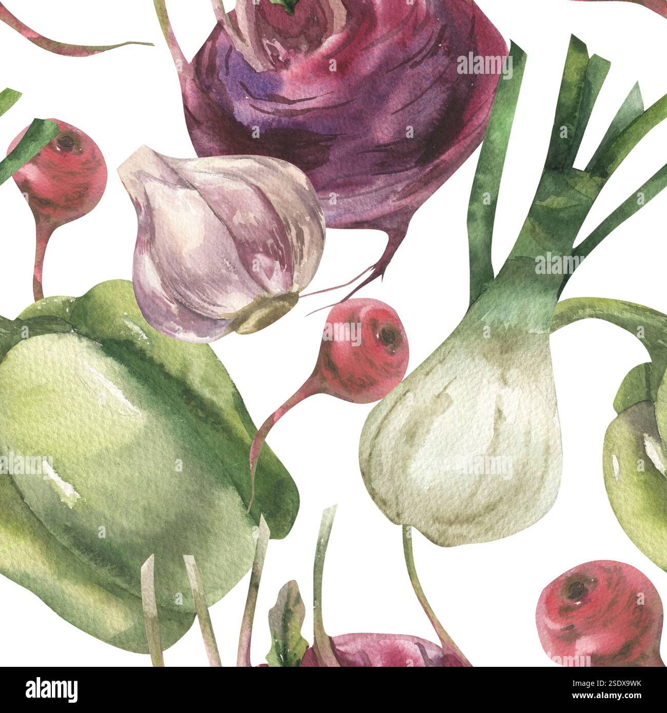Vegetables watercolor seamless pattern with green pepper, garlic, onion ...