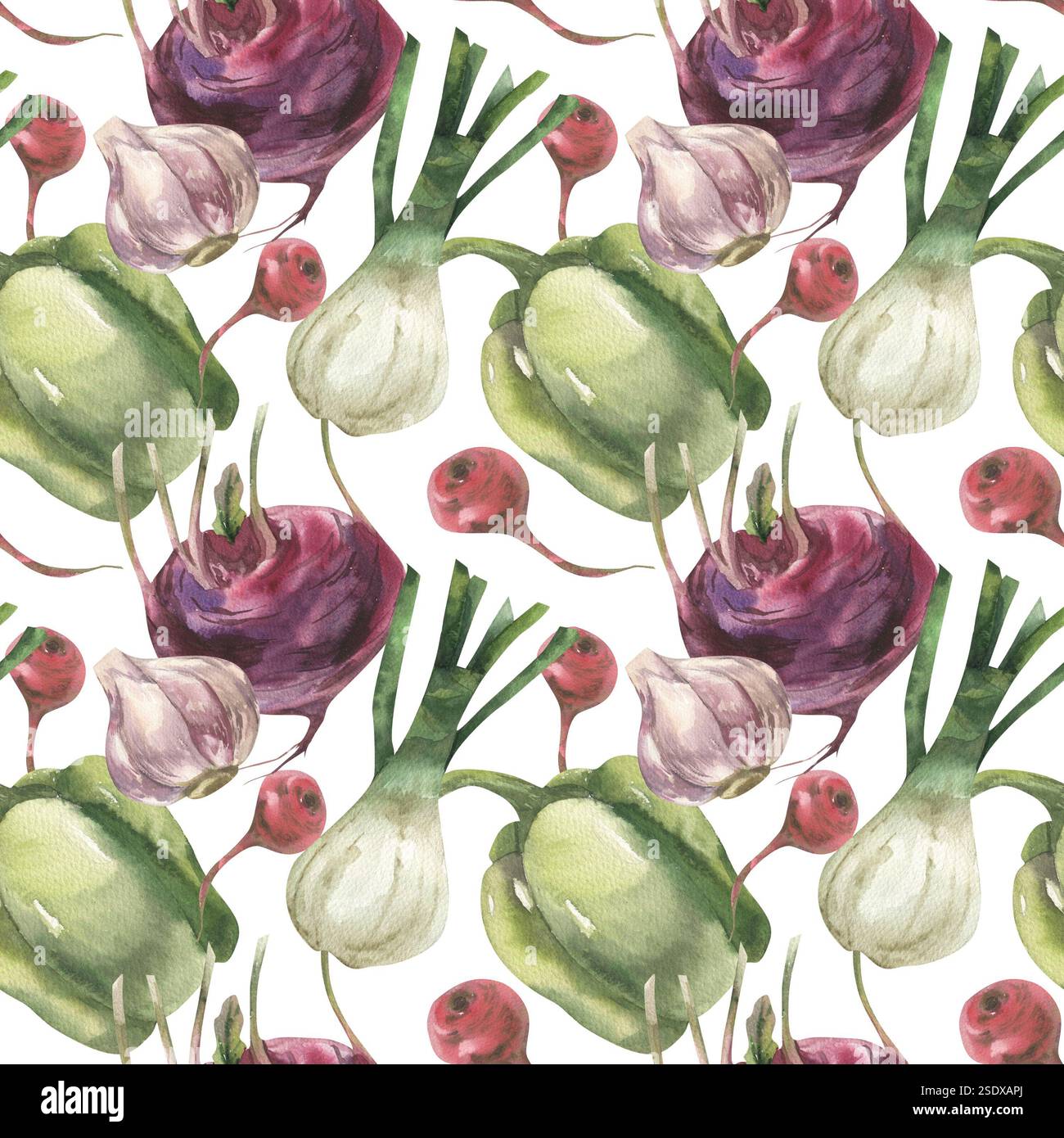 Vegan food seamless pattern with watercolor pepper,onion shallot ...