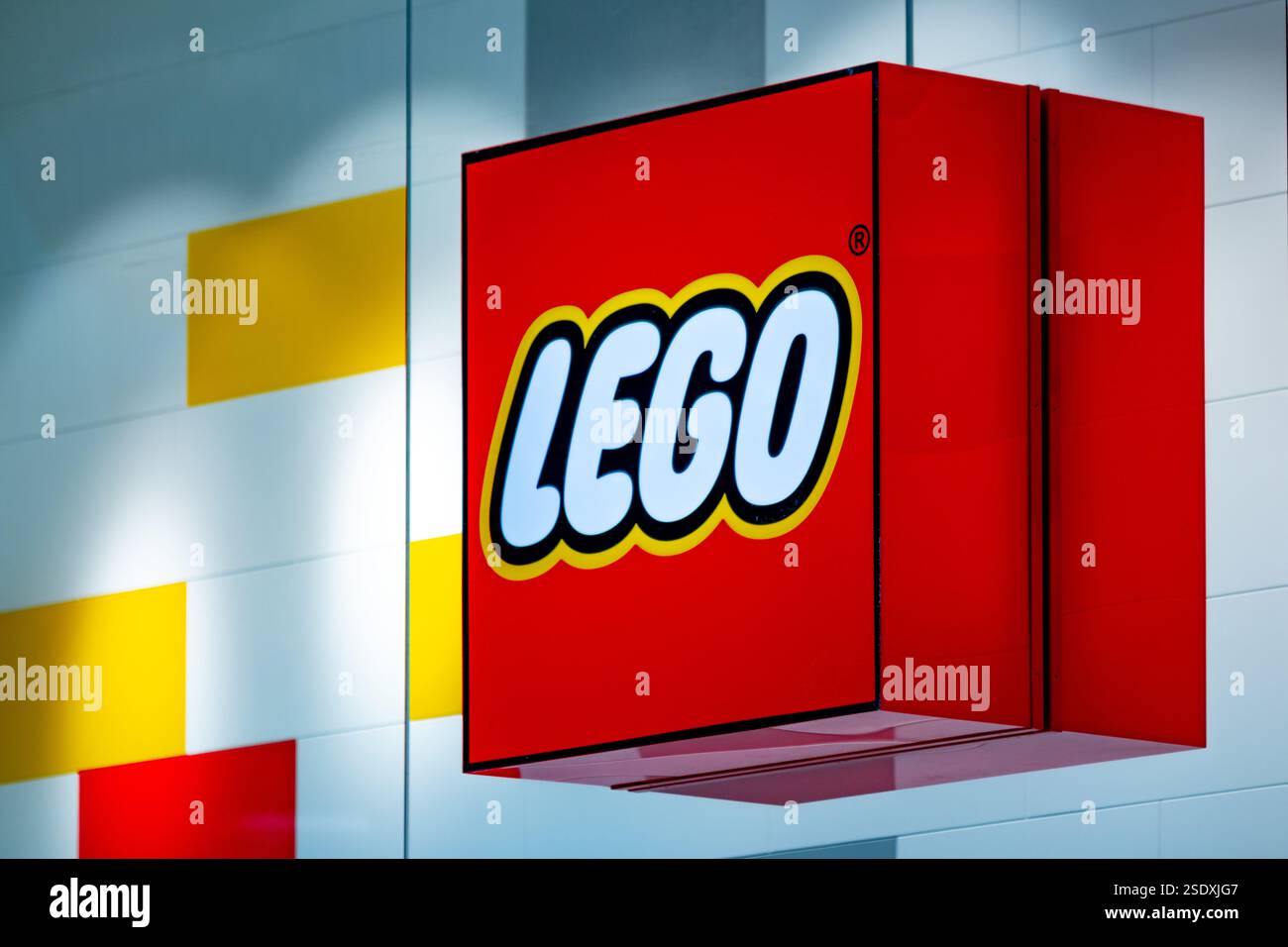 Lego shop, square logo sign above the entrance, Lego manufactures Lego ...