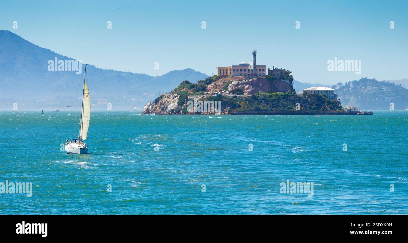 Yacht in San Pablo Bay near San Francisco and Alcatraz Island with the ...