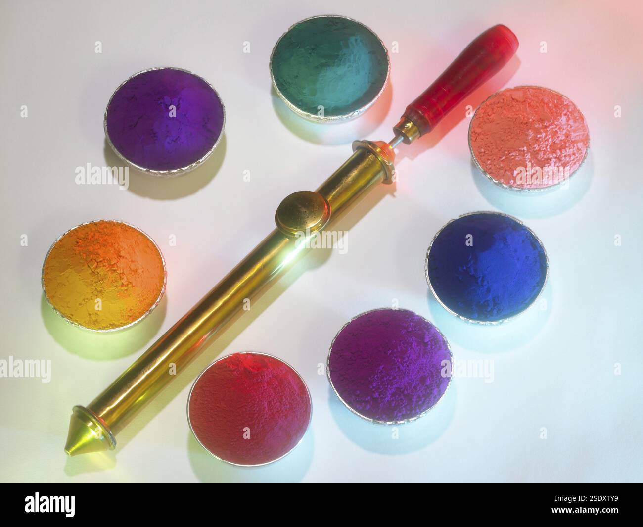 Colors gulal pichkari with seven copper pots for Holi or Phagwa called ...