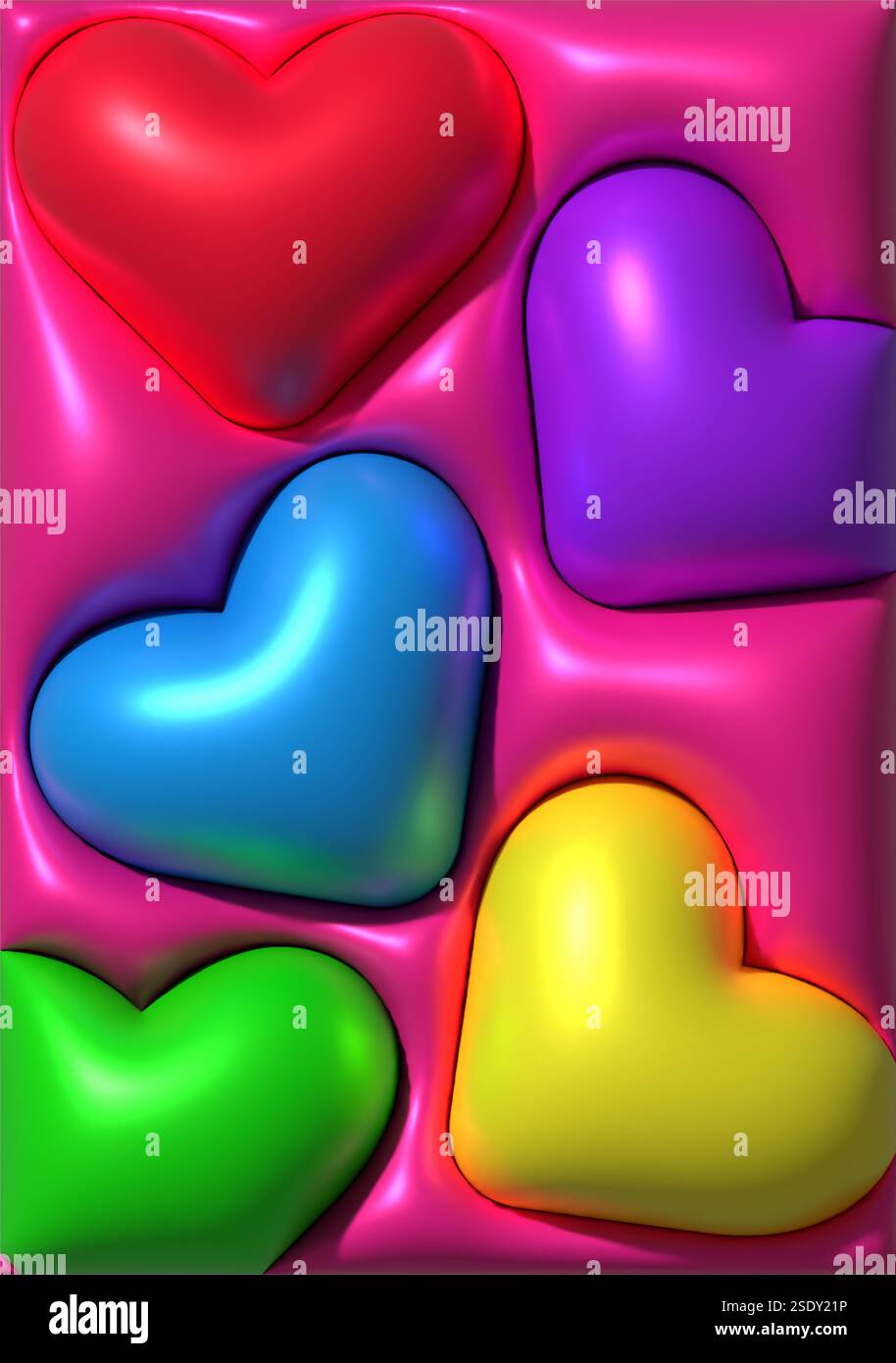 Multi-colored volumetric hearts on a blue background, 3D rendering ...
