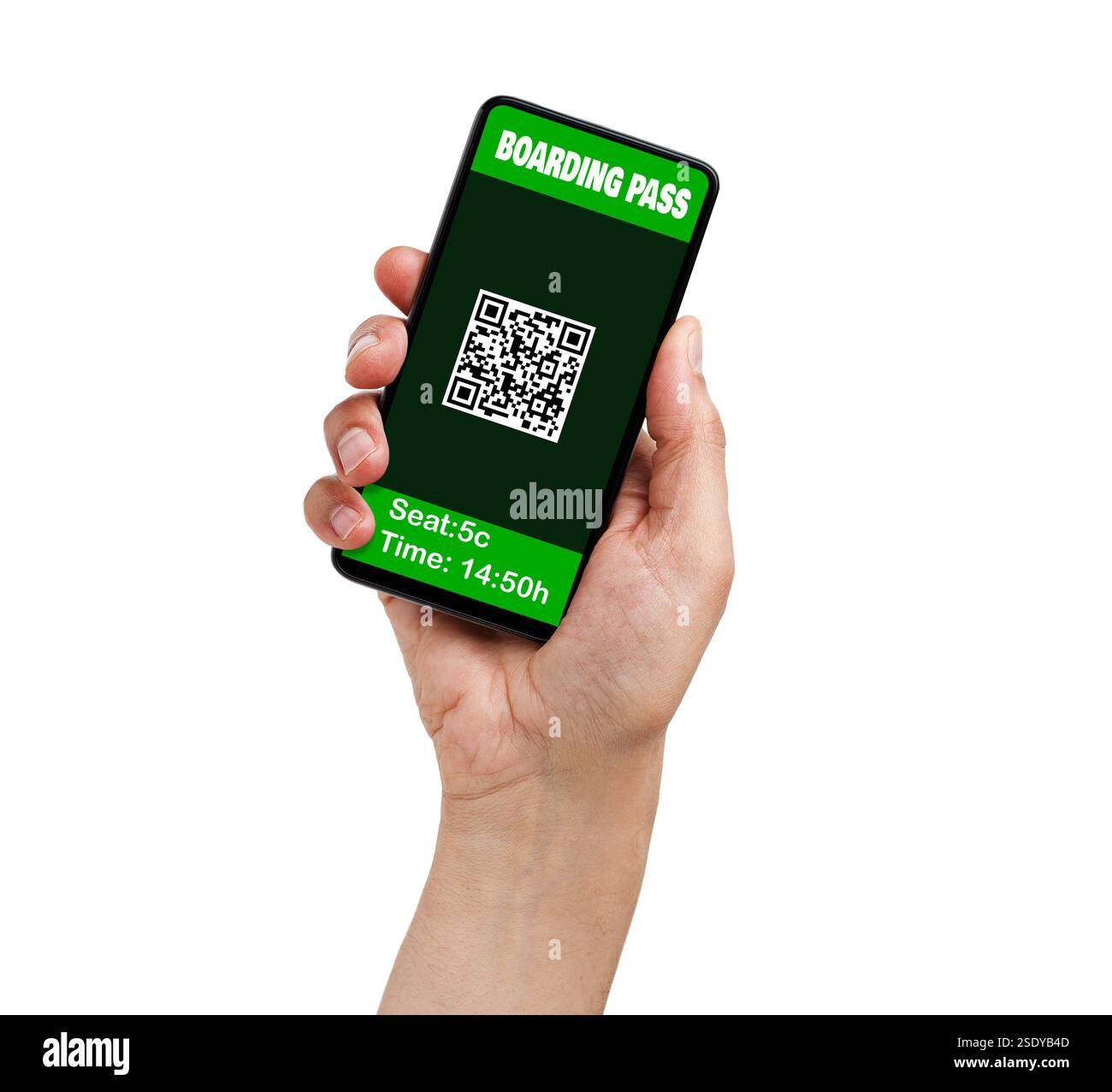 Man showing QR electronic boarding pass to flight on phone with white ...