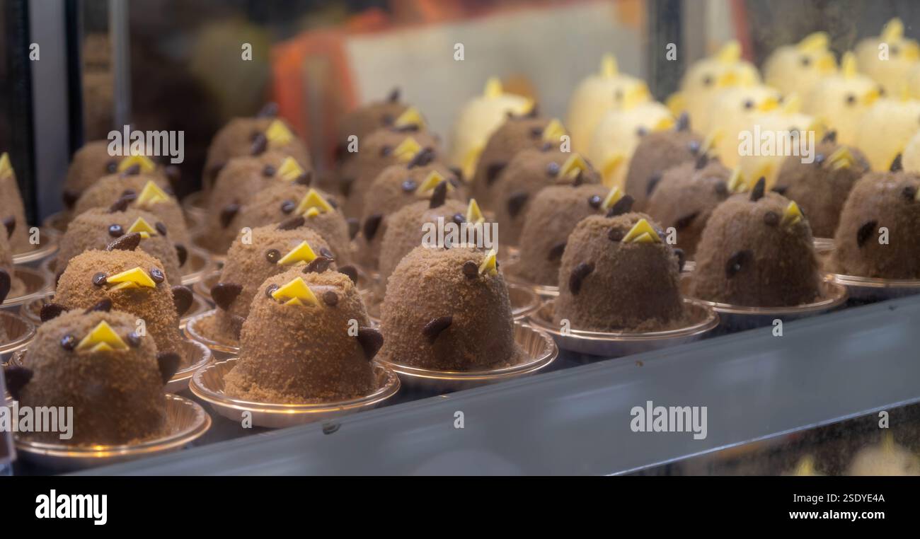A row of chocolate Nagoya chicken-shaped sweets Stock Photo - Alamy