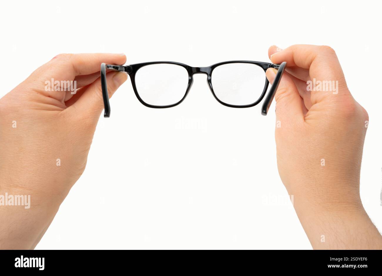 Woman holding eyeglasses, first person pov shot, isolated white ...