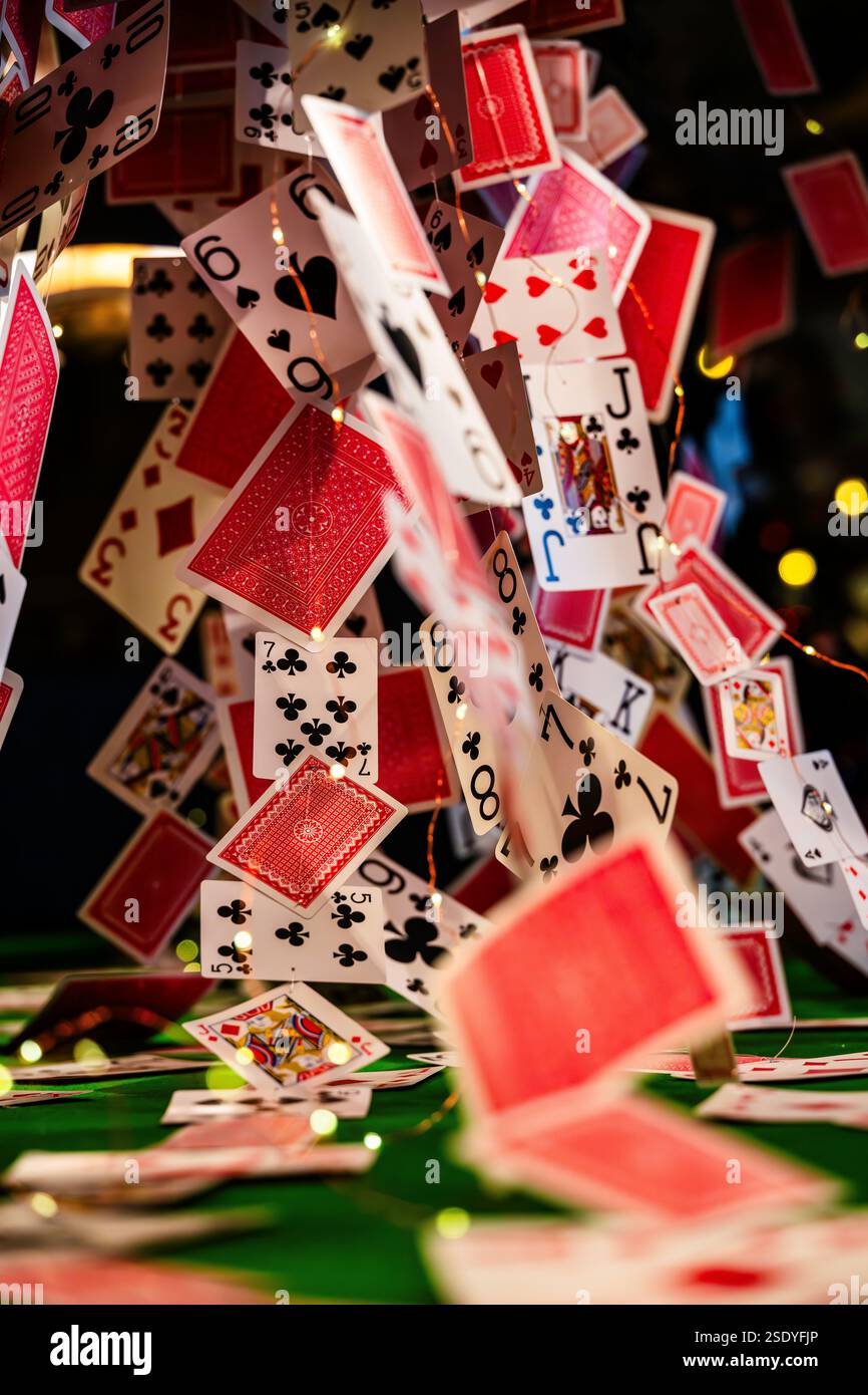 Cascading Playing Cards on a Green Snooker Table – Dynamic and Vibrant ...