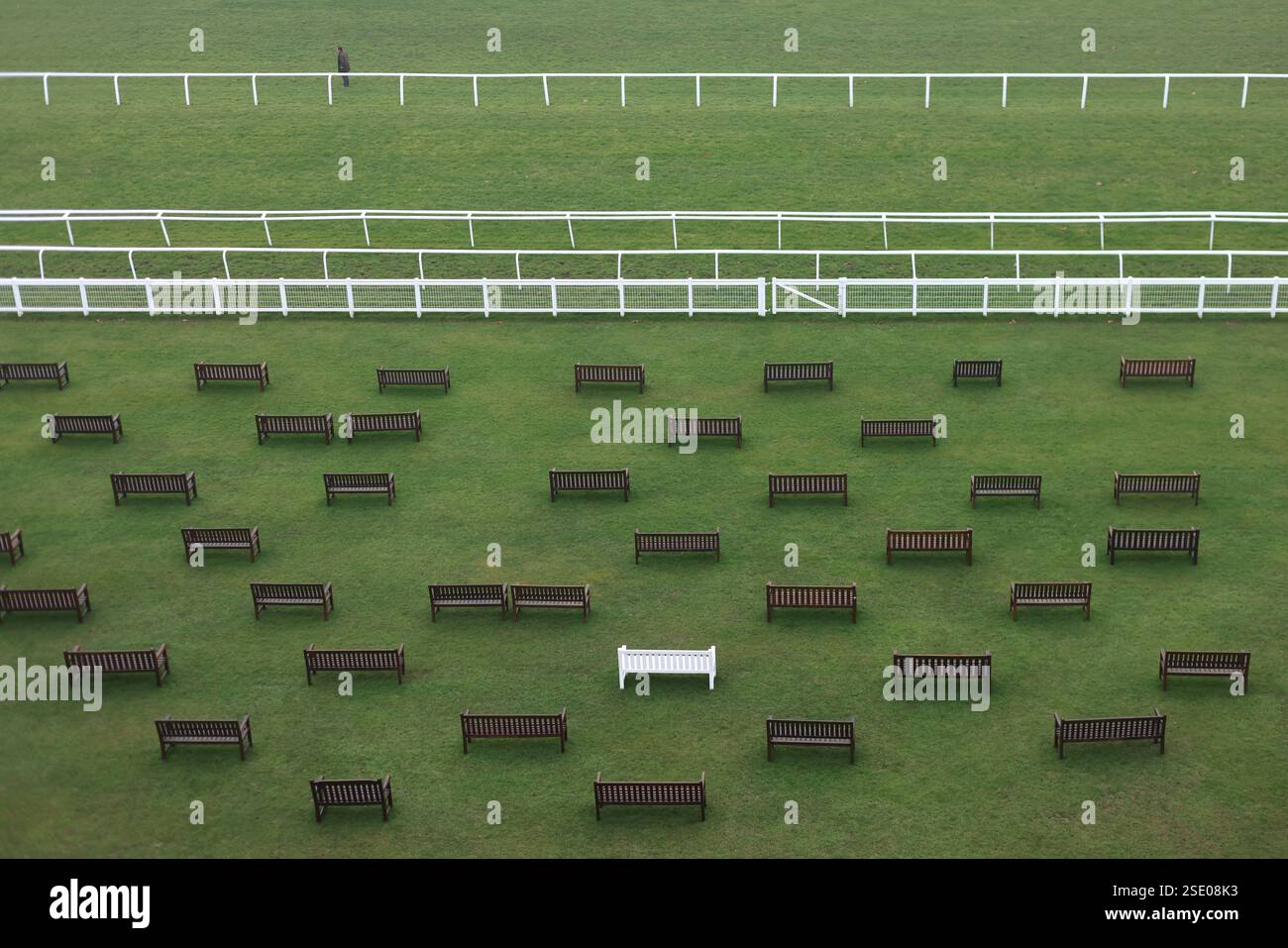 A general view of benches at the course at Newbury Racecourse. Picture ...