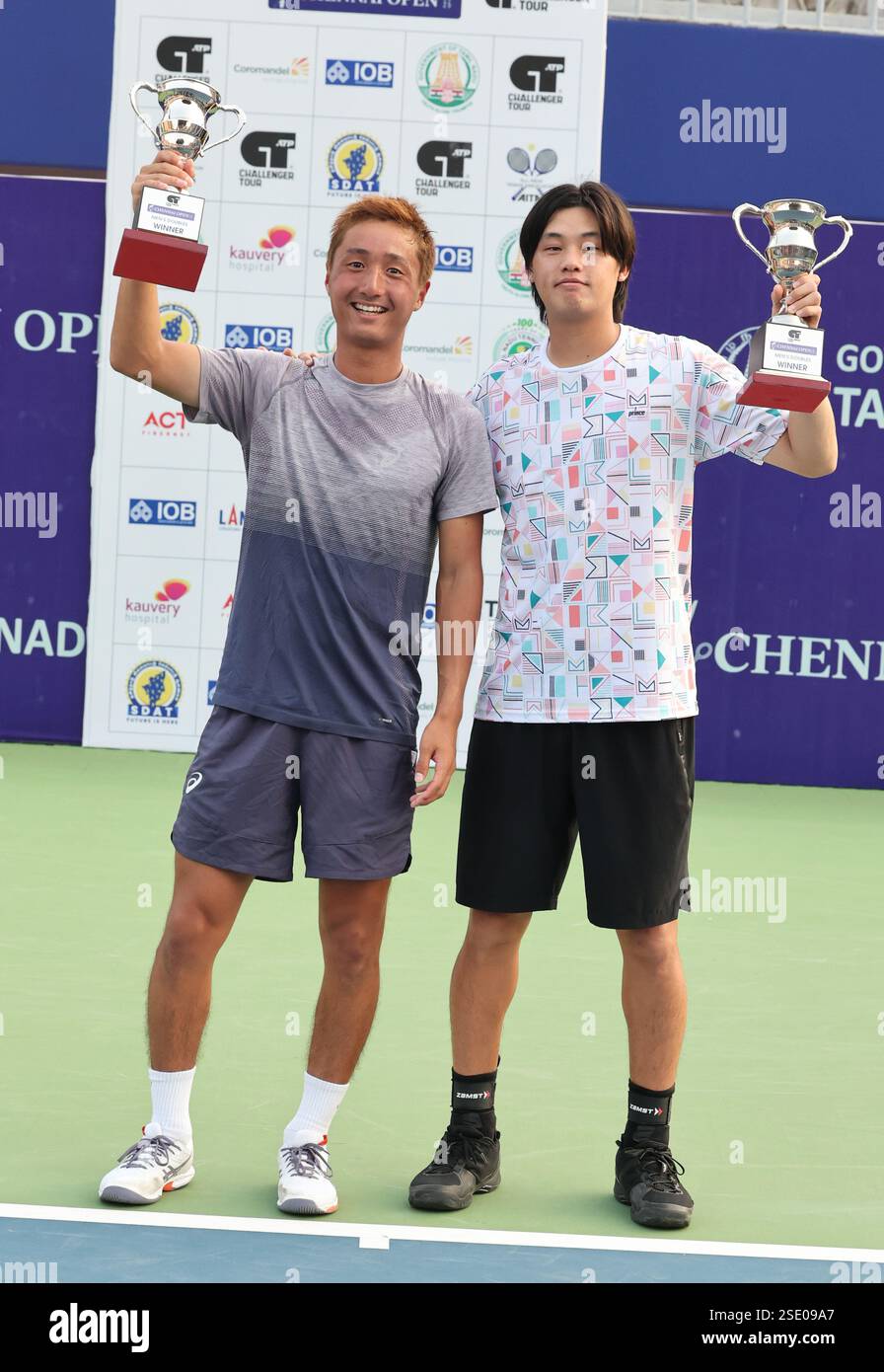 Chennai, Tamil Nadu, INDIA. 8th Feb, 2025. Chennai Open 2025: .Saketh MYNENI (IND).Ramkumar ...