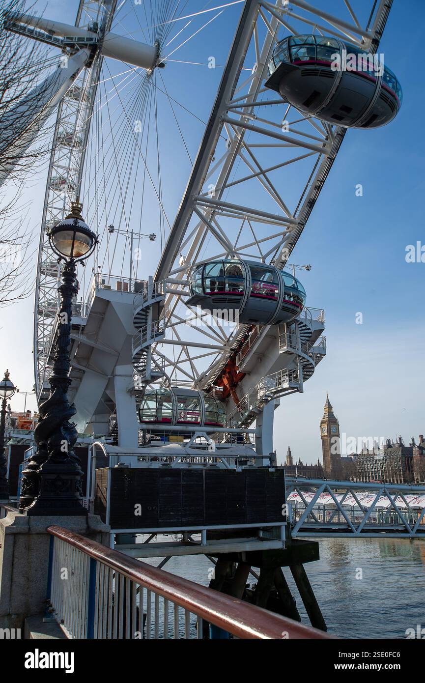 London, UK. 5th February, 2025. Blue skies above the London Eye which ...