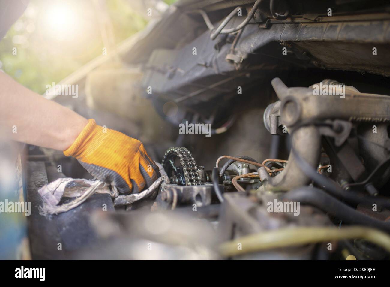 Mechanic wearing gloves working on a car engine under sunlight Stock ...