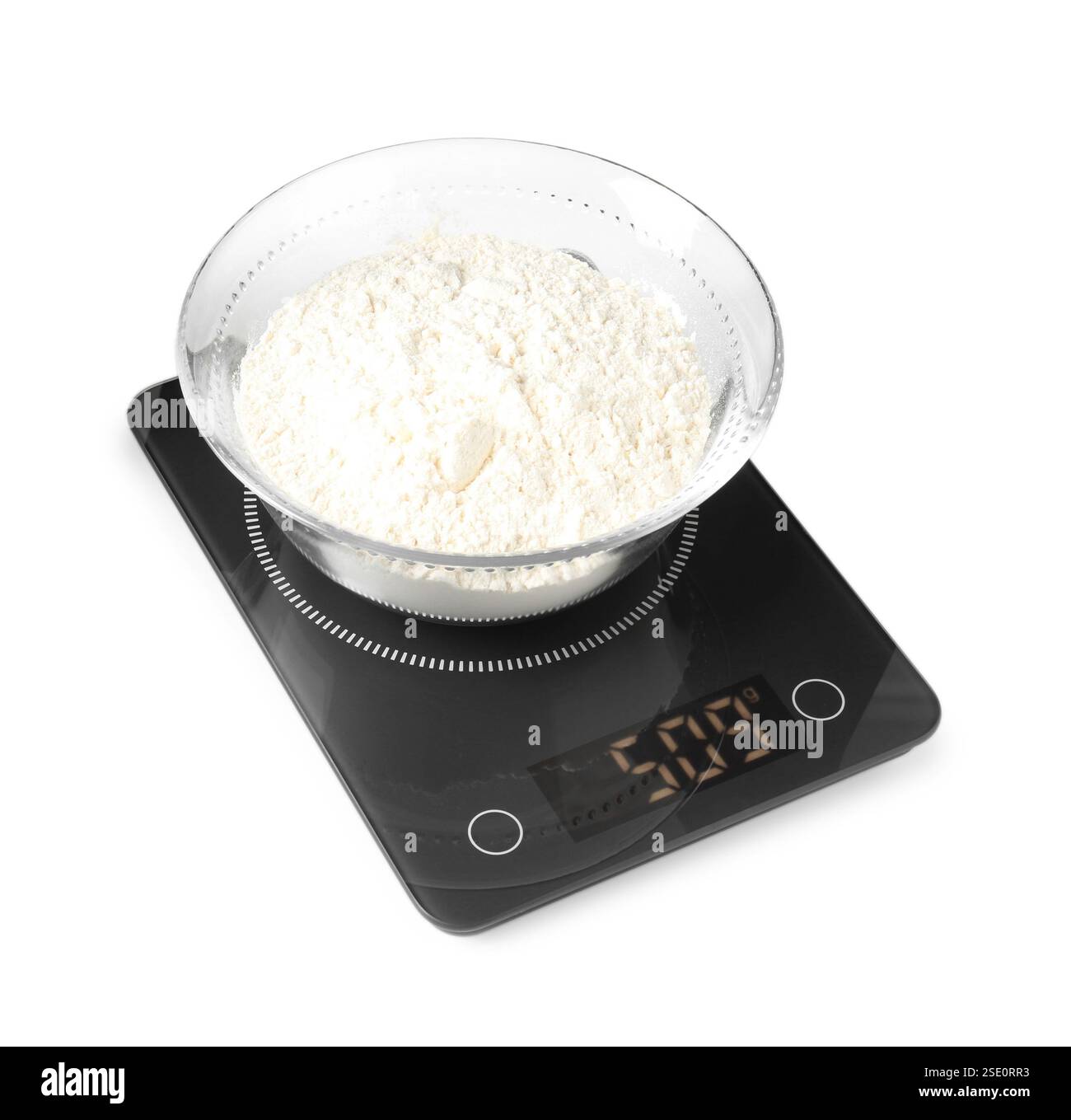 Modern electronic kitchen scale with flour isolated on white Stock ...