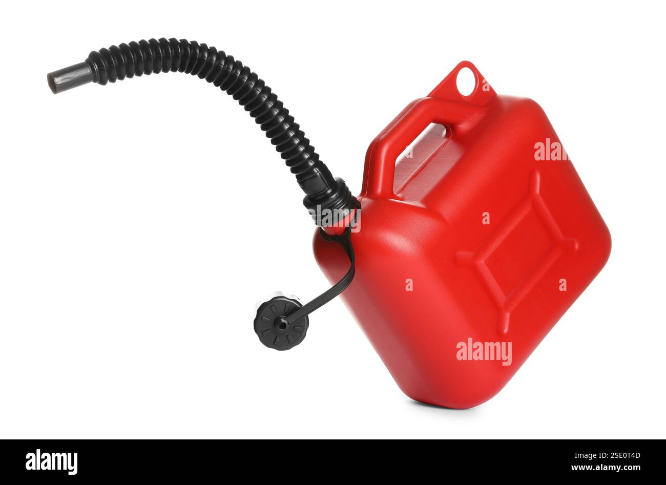 One red plastic canister with spout in air on white background Stock ...