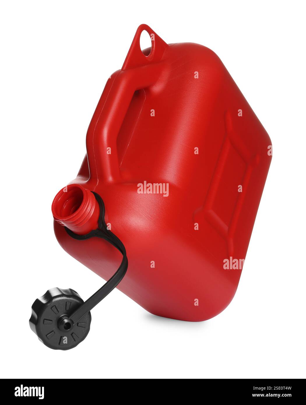 One red plastic canister in air on white background Stock Photo - Alamy