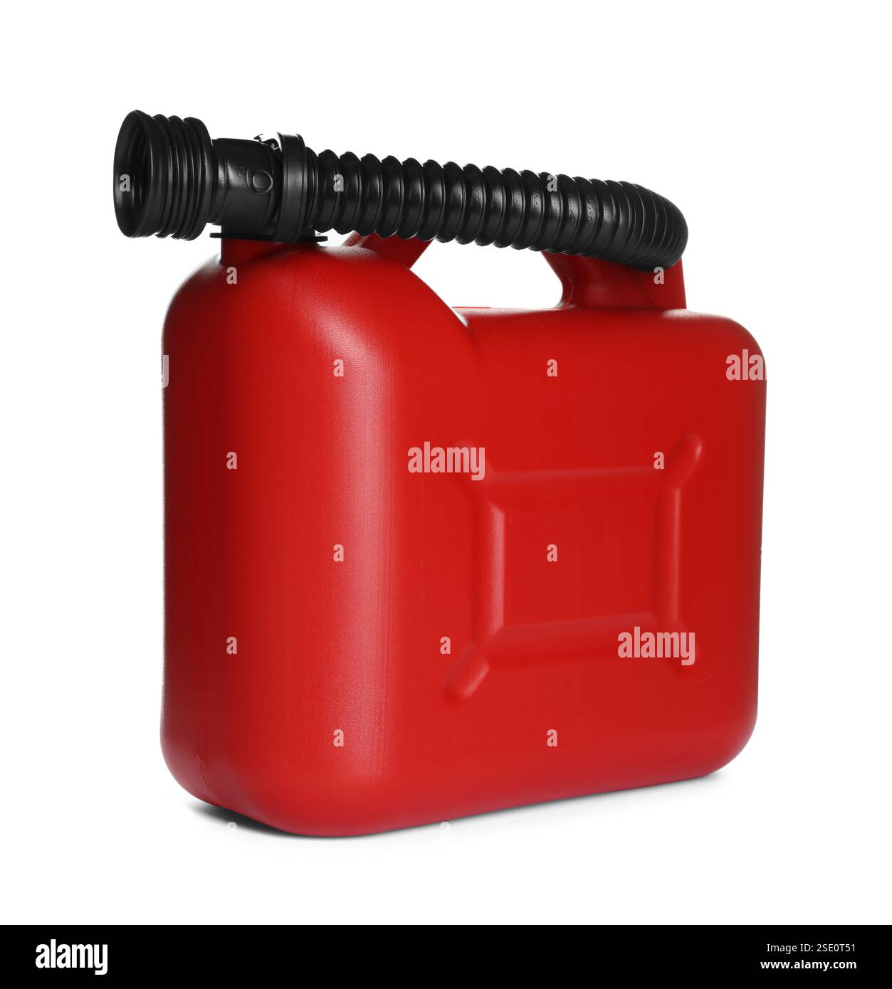 One red plastic canister with spout on white background Stock Photo - Alamy