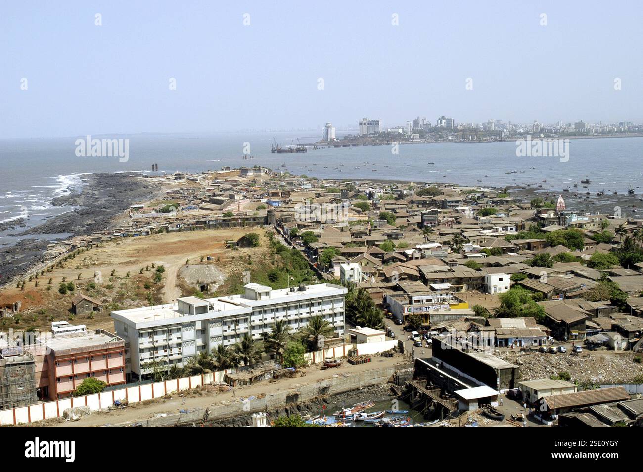 Aerial view of Worli village and background construction of Worli ...