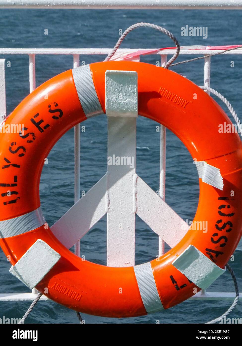 A life ring stowed on the deck railing of the Irish Ferry "Ulysses ...