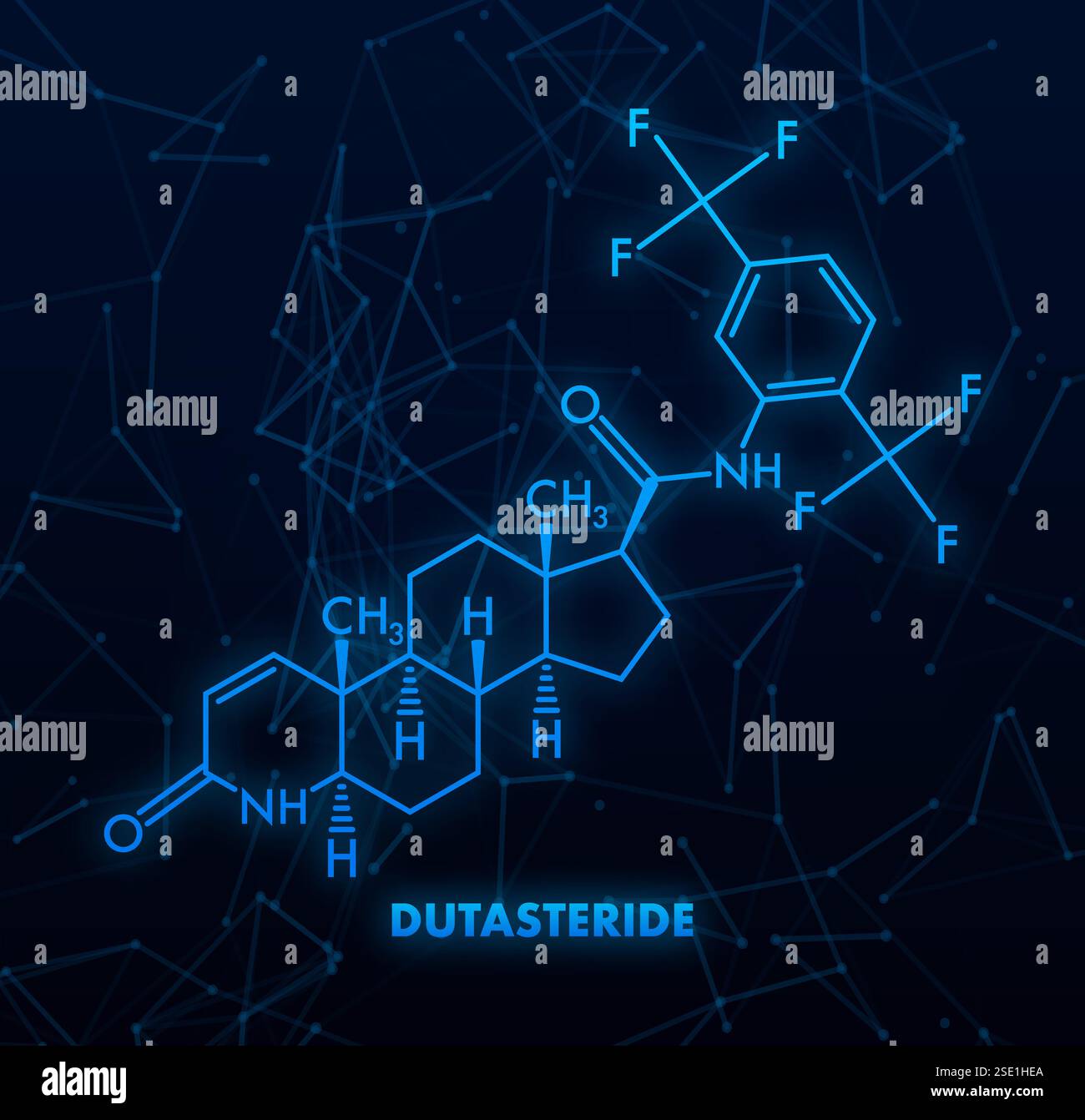 Dutasteride chemical formula, structural model illuminating on dark ...